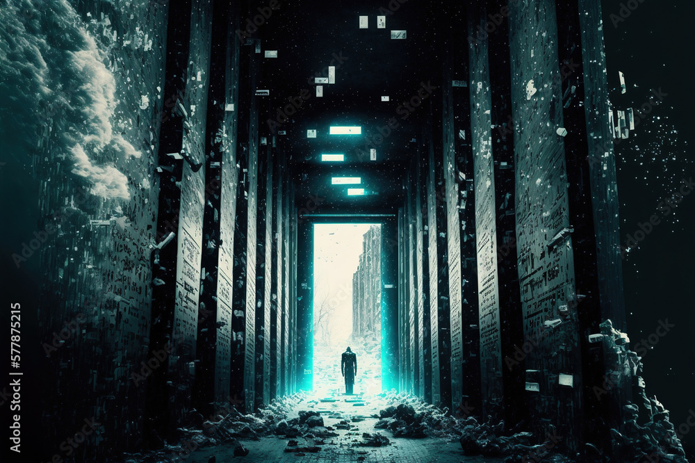 Fantasy passage of disintegrating into binary of abstract information ...