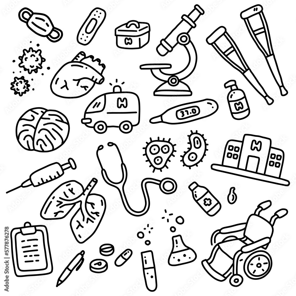 Tiny lovely cute doodle medical hospital doctor vector icon set with ...
