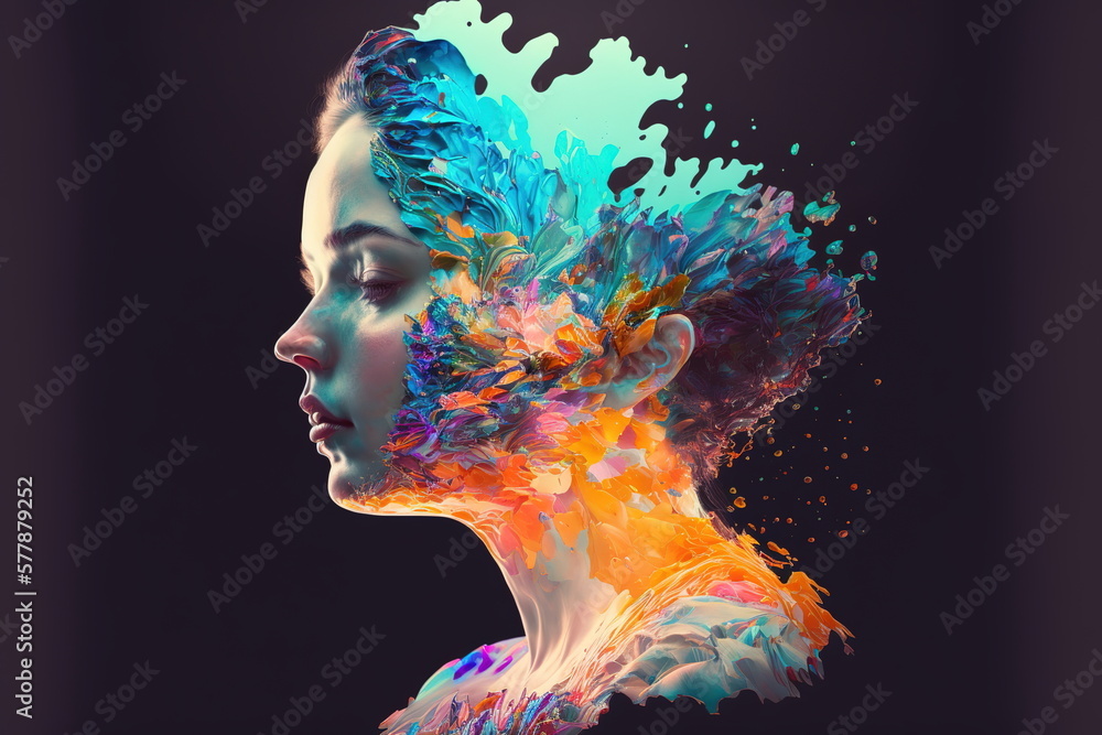 Wondrous illustration portrait woman with colorful iridescent exploding ...