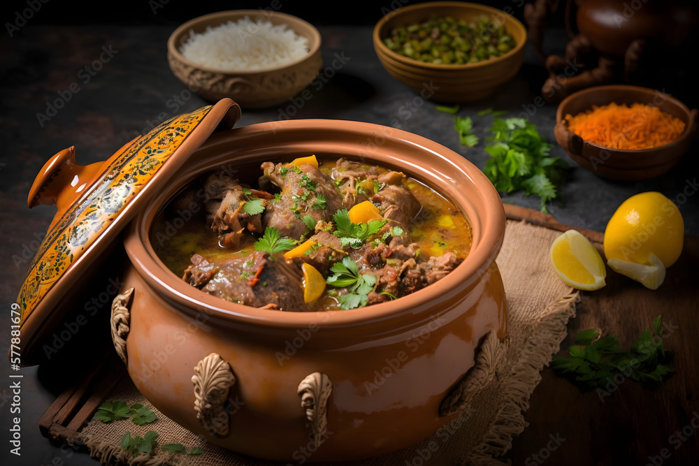 ภาพประกอบสต็อก dum handi mutton biryani or gosht pilaf is prepared in ...