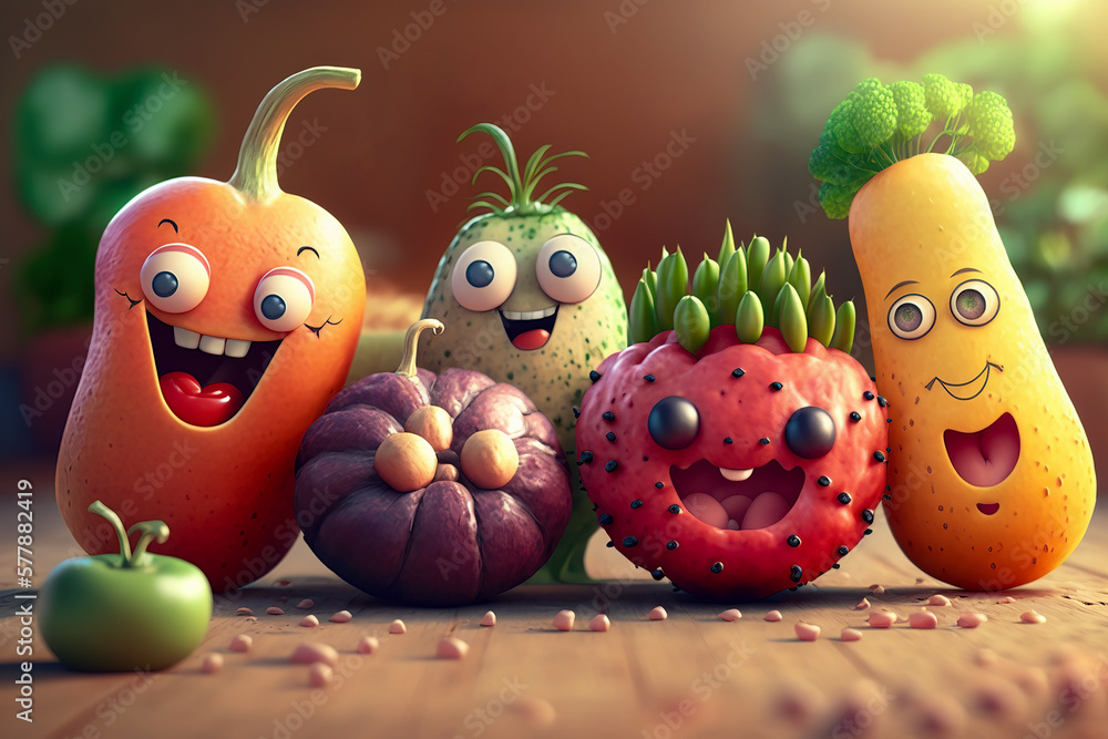 Happy cartoon fruit and vegetables with jolly smiling faces in bright ...