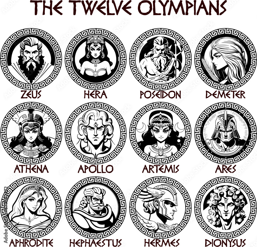 Greek mythology, set of vector icons of the 12 Olympian gods, black and white Stock Vector ...