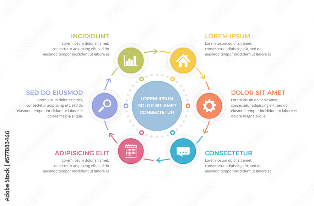 Circle diagram template with six steps or options, process infographics ...