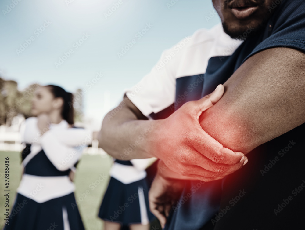 Cheerleader, sports or hand on elbow injury, pain or accident on field ...