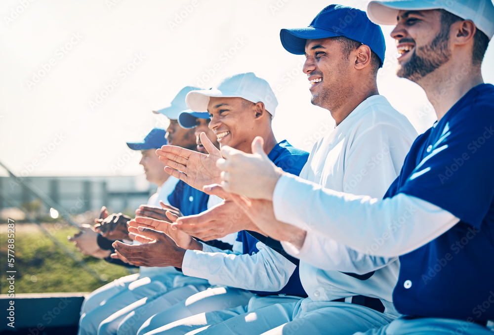 Baseball, sports celebration and team applause for game victory ...