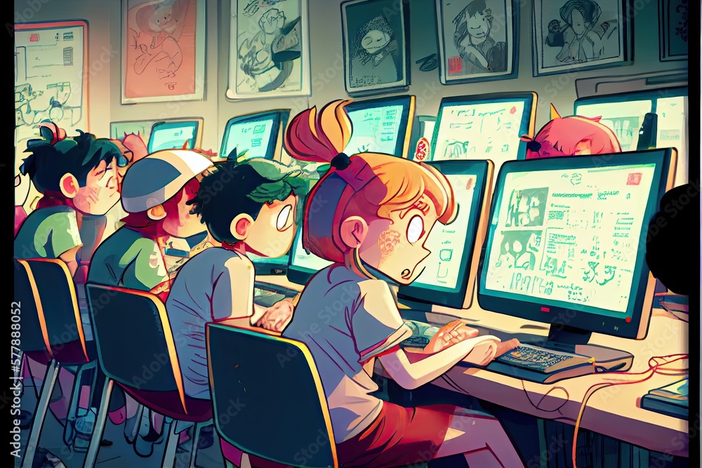 student cartoon Studying in front of the computer in the classroom 002 ...