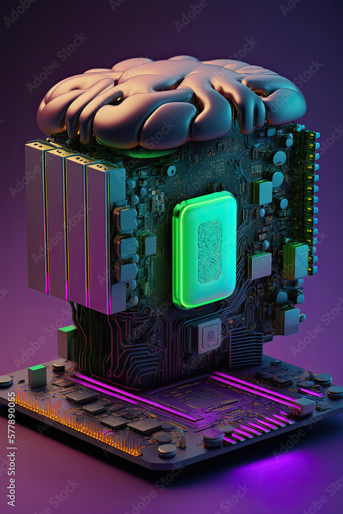 Neon light AI brain Connecting human brain to computer mother board ...