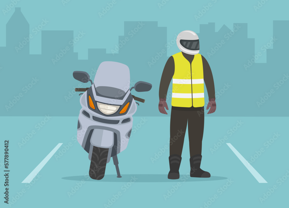 Isolated male motorcycle rider stands beside the motorbike. Perspective ...