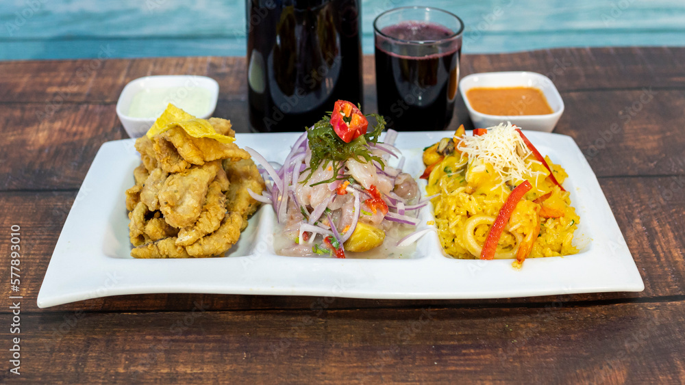 ceviche, chicharrón and rice with seafood, chicha morada. peruvian food ...