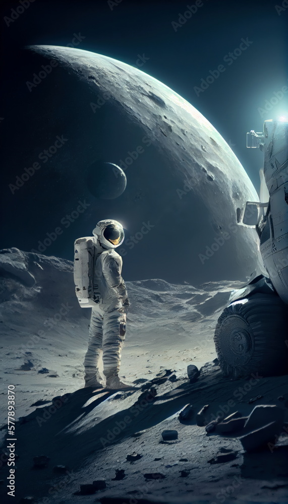 astronaut standing surface moon promotional side profile artwork full ...
