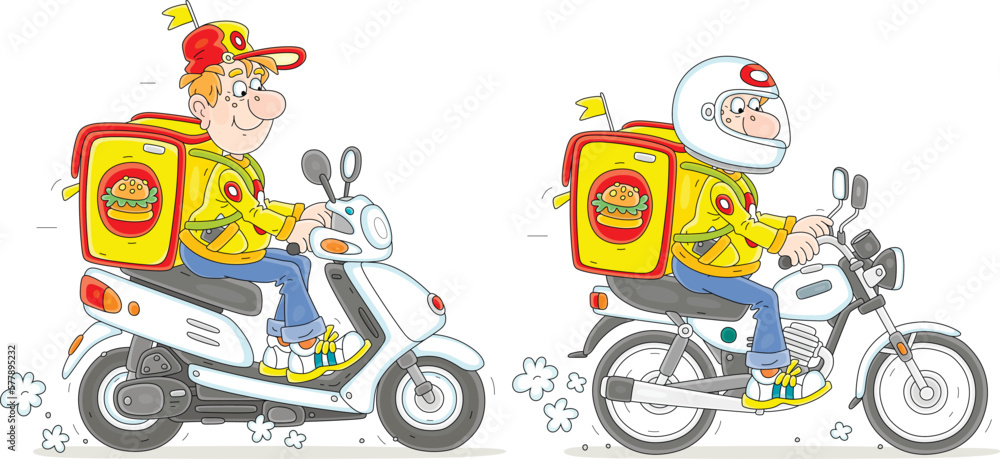 Funny boy courier riding a motorbike and a scooter with a large ...