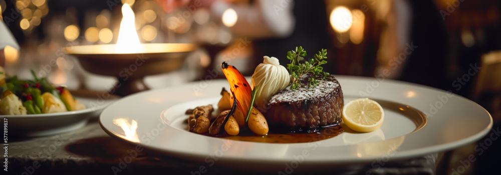 Luxury food service, main course served by a waiter at a wedding ...