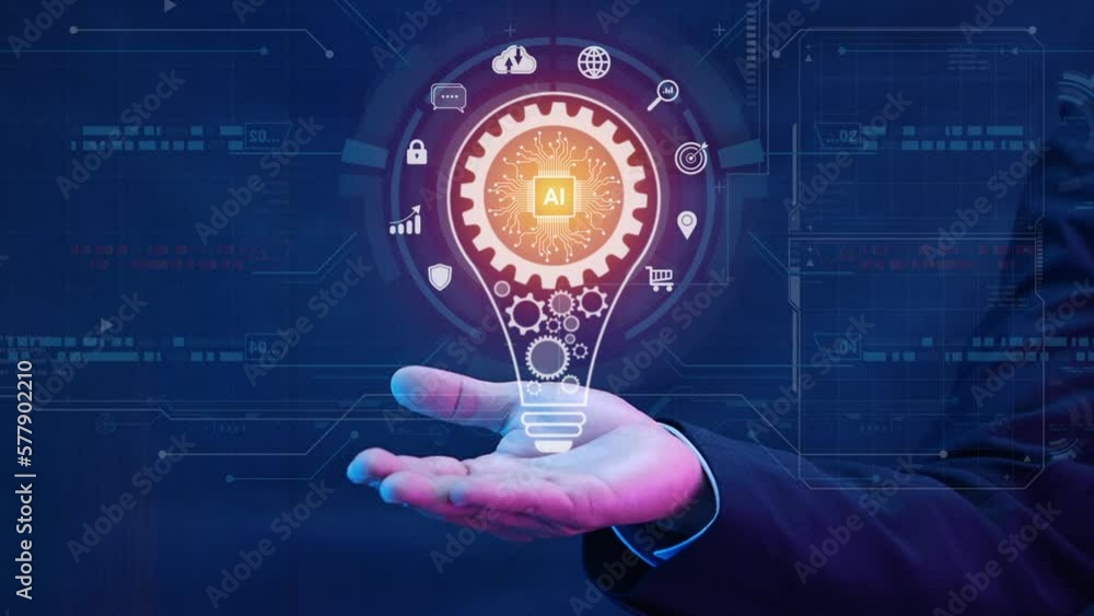 Businessman shows AI artificial intelligence icon in glowing light bulb ...