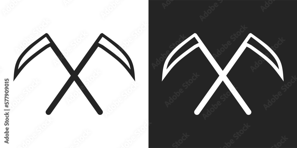 black and white crossed scythe farmer weapon logo, icon. weapon, scythe ...