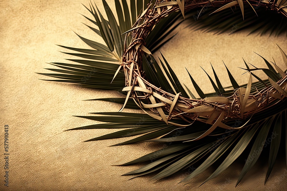 Crown of Thorns and Palm on Burlap: Good Friday & Palm Sunday. Photo ...