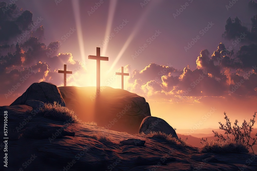 Symbol of Crucifixion: Three Crosses at Sunrise. Photo generative AI ...