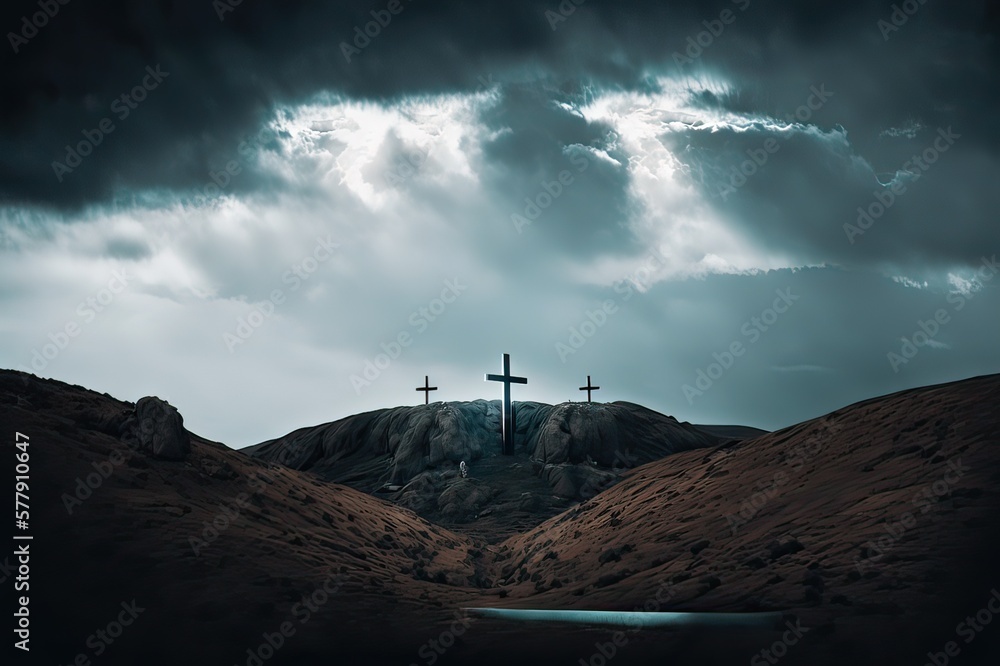 Three Crosses on Dark Hillside: Crucial Easter Story Scene. Photo ...