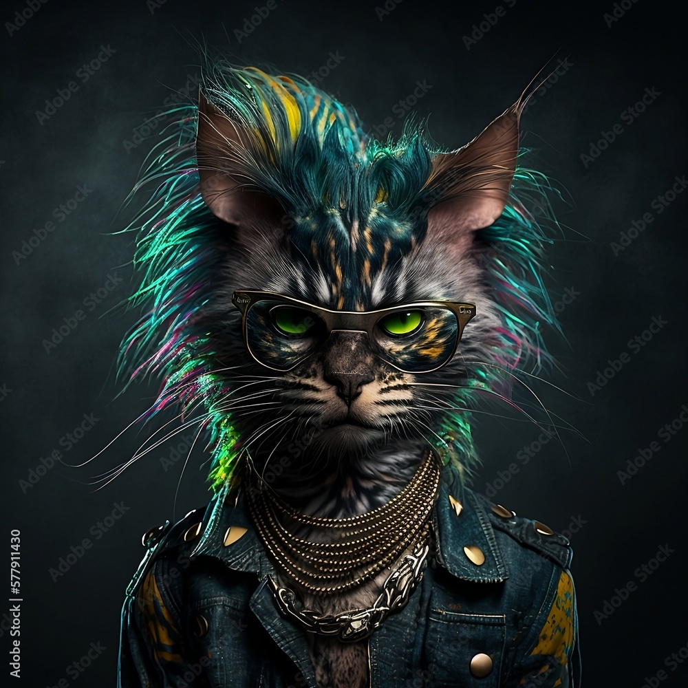 Punk Rock Cat With Dyed Hair Wearing a Jean Jacket and Eyeglasses ...
