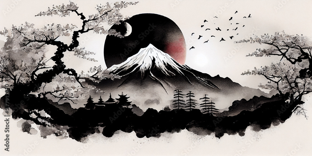 Japan traditional sumi - e painting, Fuji mountain, sakura, moon, Japan ...