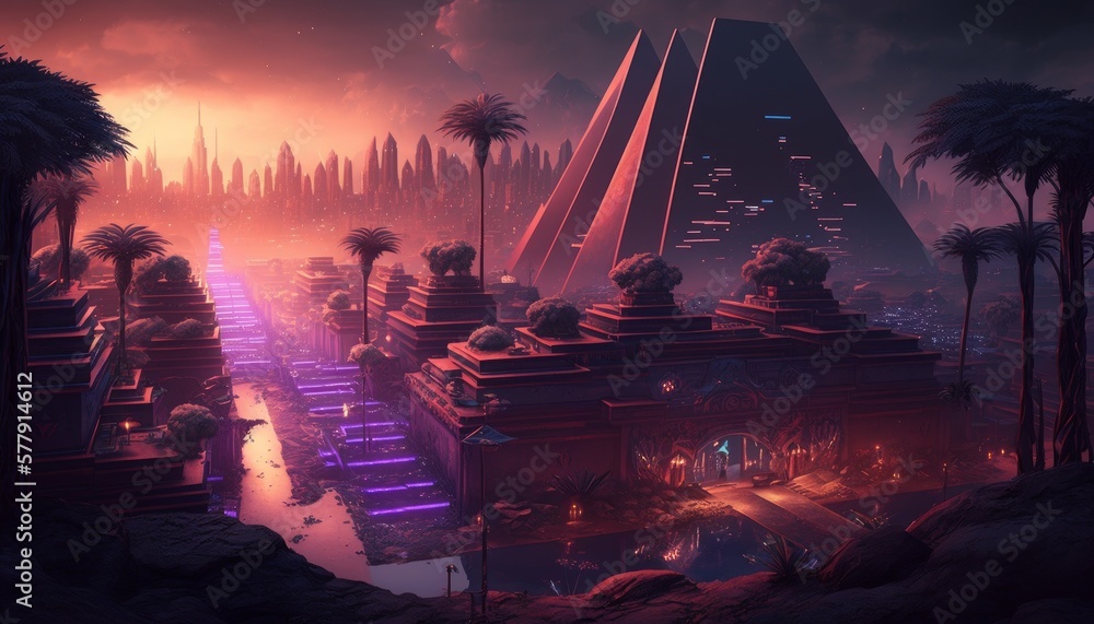 Egyptian cyber temple city. Generative AI. Fantasy landscape. Stock ...