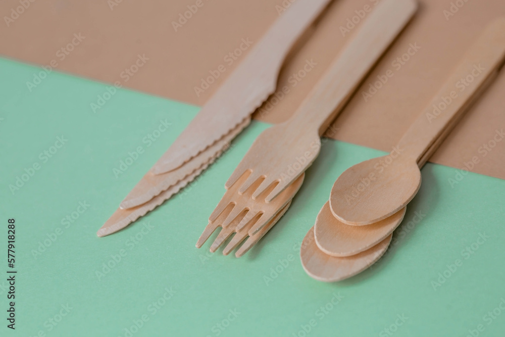 Eco-friendly disposable kitchen utensils on a beige-green background ...