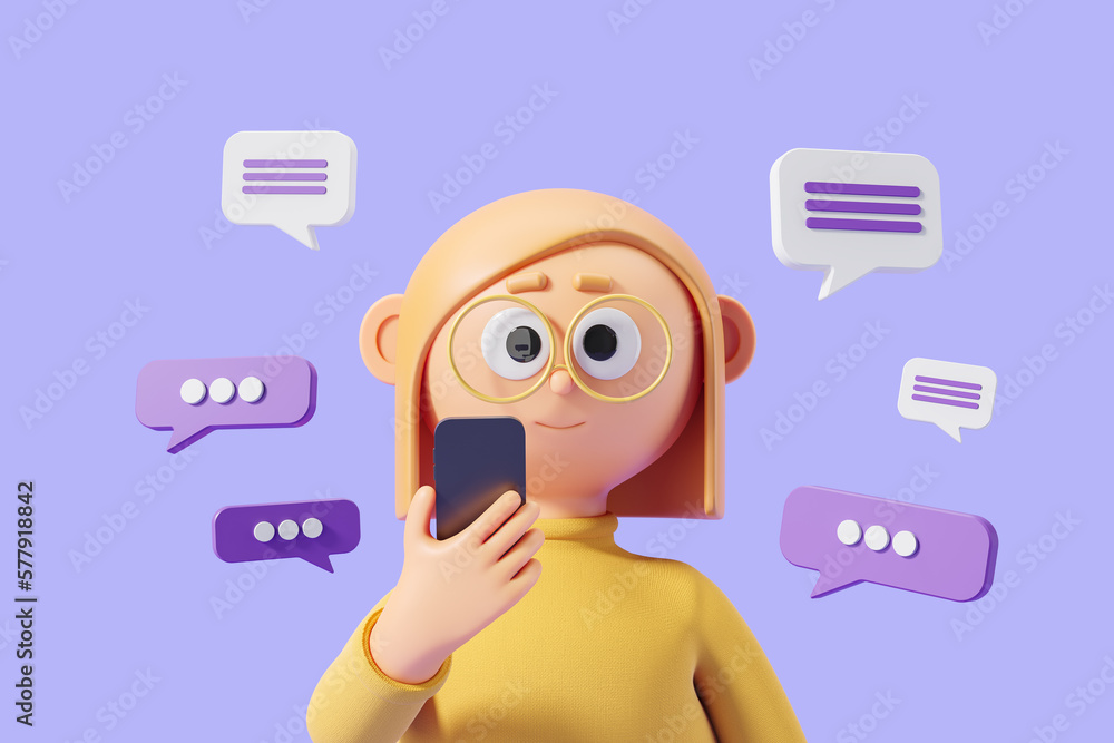3d rendering. Cartoon woman with phone, text message bubbles Stock ...