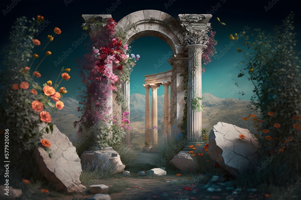 Roman columns with an ancient arch with plants, flowers and roses ...