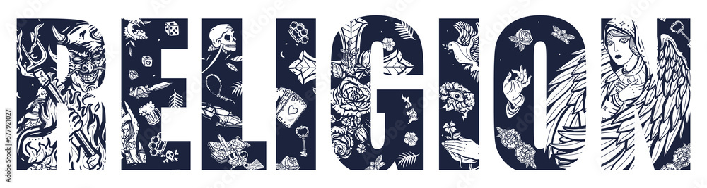 Religion slogan. Angel and demon. Old school tattoo vector style. Good ...