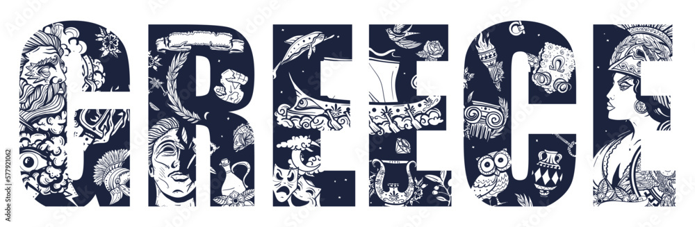 Ancient Greece slogan. Old school tattoo style. Athena and Zeus, greek ...