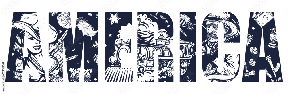America slogan. Cowboy girl, digger, steam train, golden horseshoe ...