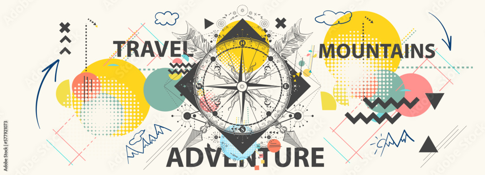 Outdoor. Compass and crossed arrows. Zine culture banner. Hand drawn ...