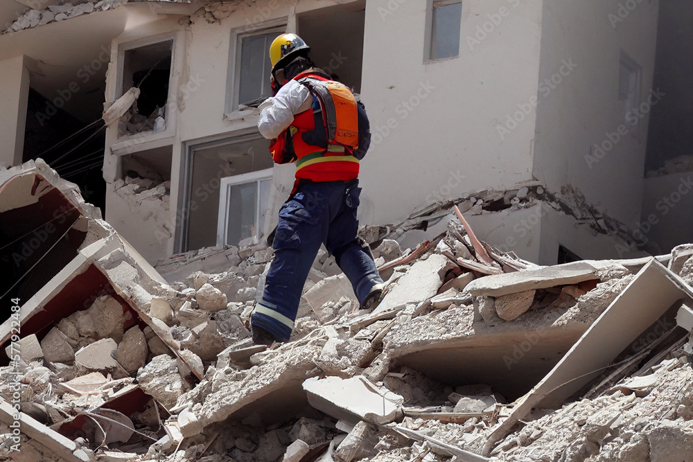 Rescuers in uniform and helmets dismantle the rubble of houses after ...