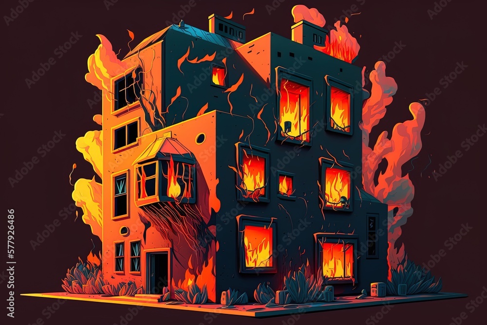 fire ravaging a multi-story structure, resulting in shattered glass and ...