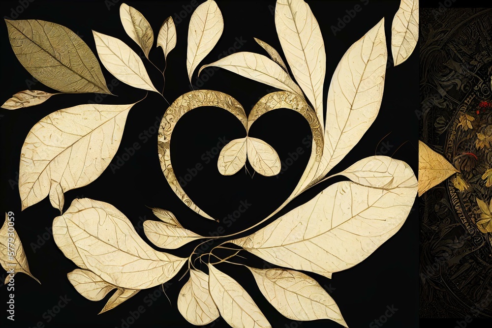 heart with leaves and swirls on a black background with mucha and art ...
