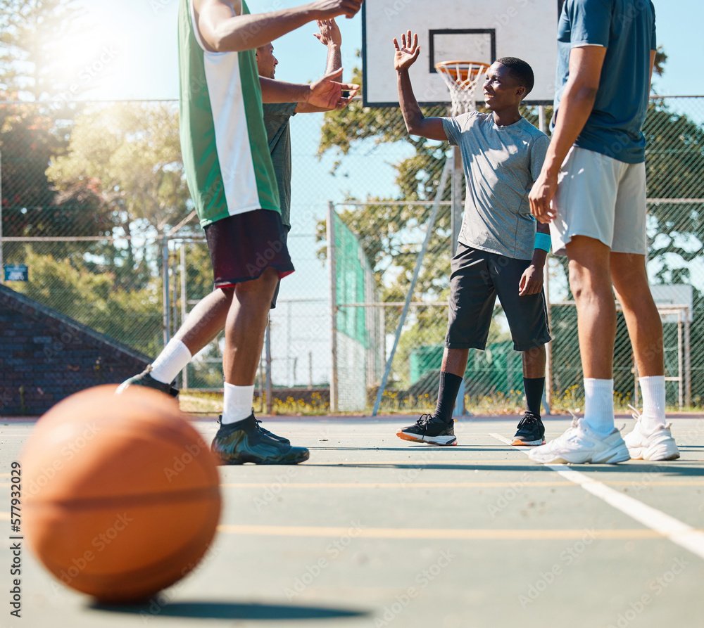 Sports, teamwork and high five with man on basketball court for summer ...