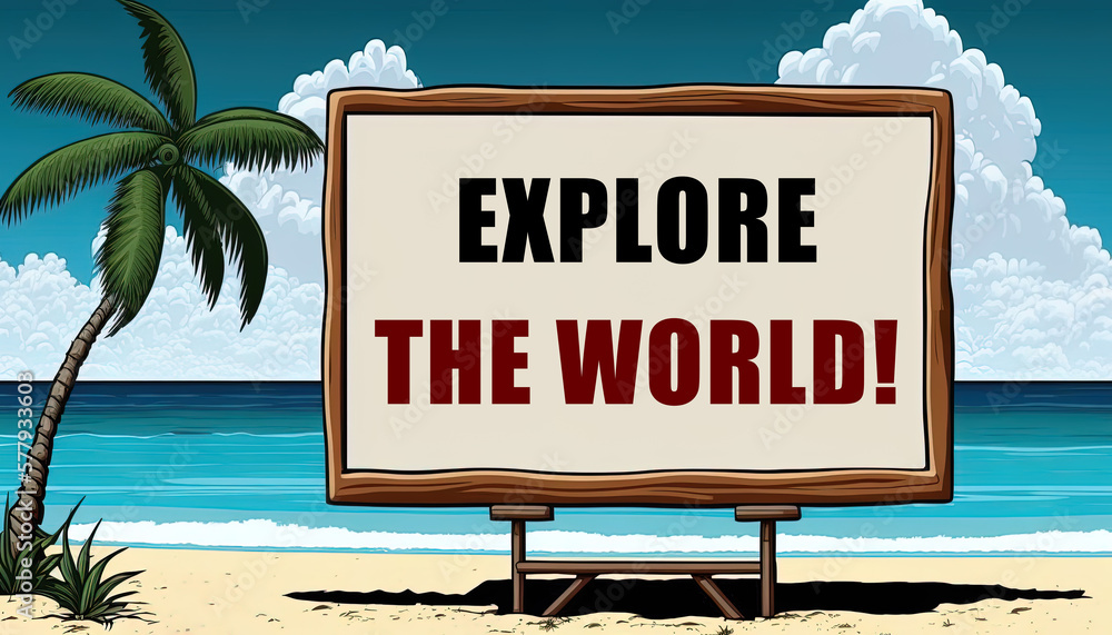 Explore the workld text on billboard on the beach with sea, coconut ...