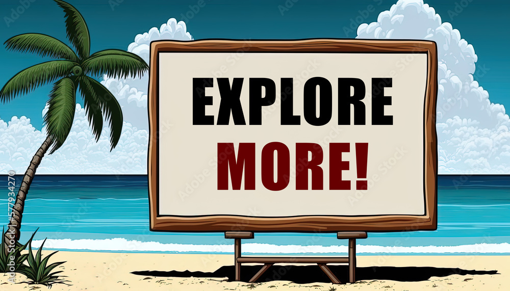 Explore more text on billboard on the beach with sea, coconut tree and ...