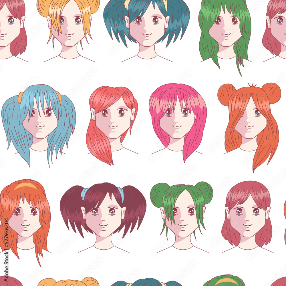 Anime hairstyle vector cartoon seamless pattern background for ...