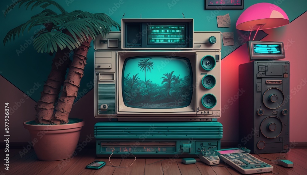 Synthwave 80s retro design. Detalied retro background style 80s. AI ...