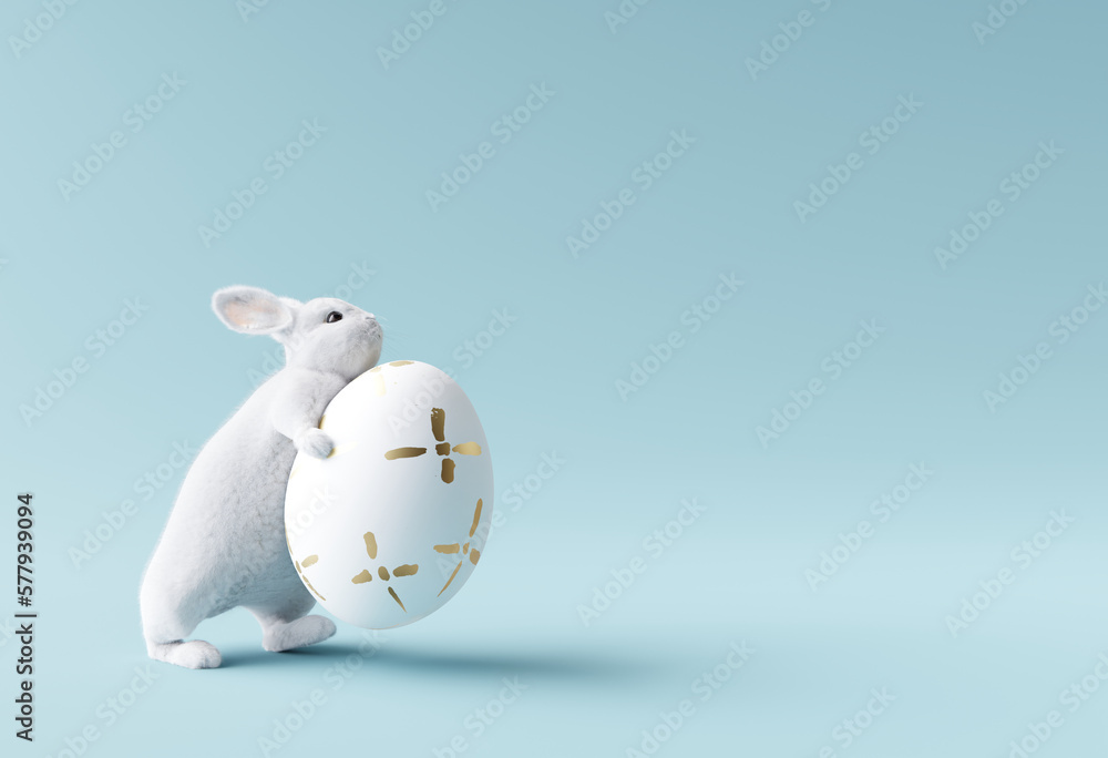 Bunny holding easter egg on pastel blue background. 3d rendering Stock ...