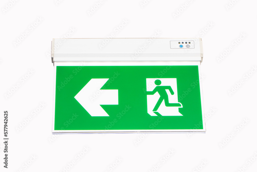 Fire exit green emergency exit signs isolated on white background ...