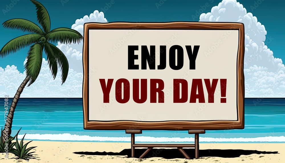 Enjoy your day text on billboard on the beach with sea, coconut tree ...