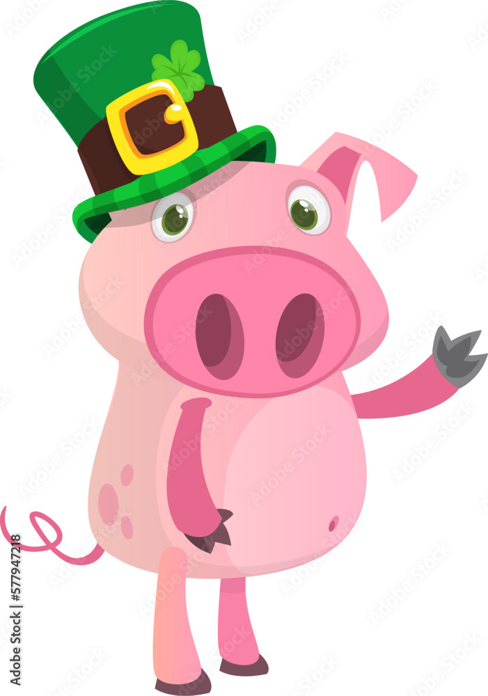 Cartoon happy pig wearing st patrick's hat with a clover. Vector ...