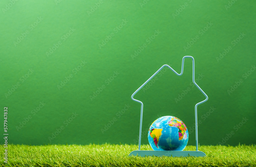 Earth Day. Earth globe in house frame in green background. Environment ...