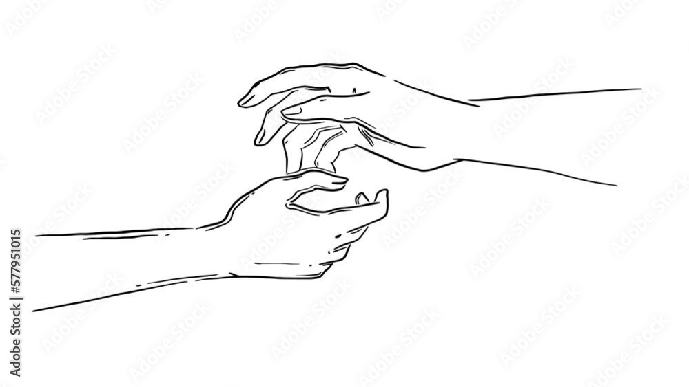 Sketch of two human hands reaching towards each other in close-up ...