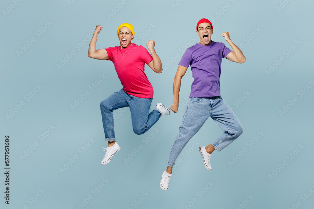 Full body overjoyed happy excited young couple two friends men wear ...