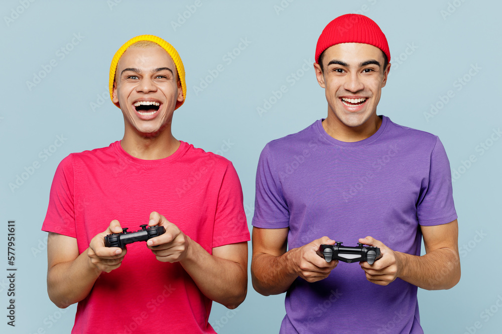 Young suprised excited happy couple two friends men wearing casual ...