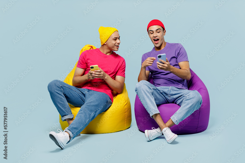Full body cheerful happy happy young couple two friend men wear casual ...