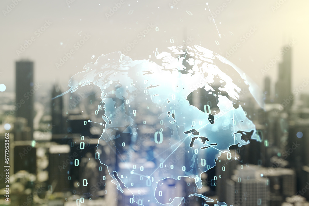 Abstract virtual coding illustration and world map on blurry ...