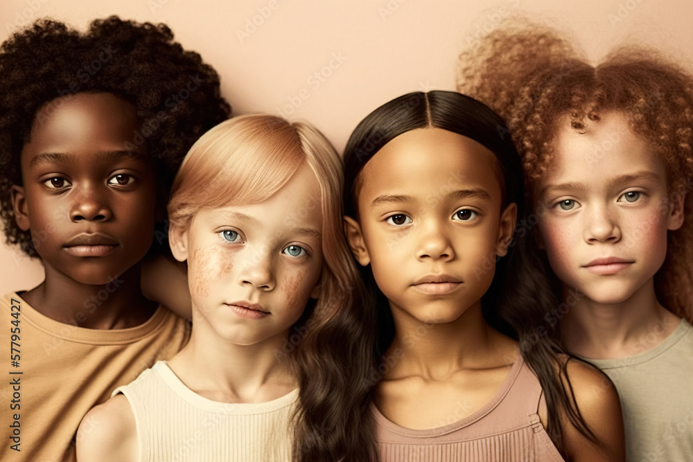 A group of smiling children of different skin tones and nationalities ...